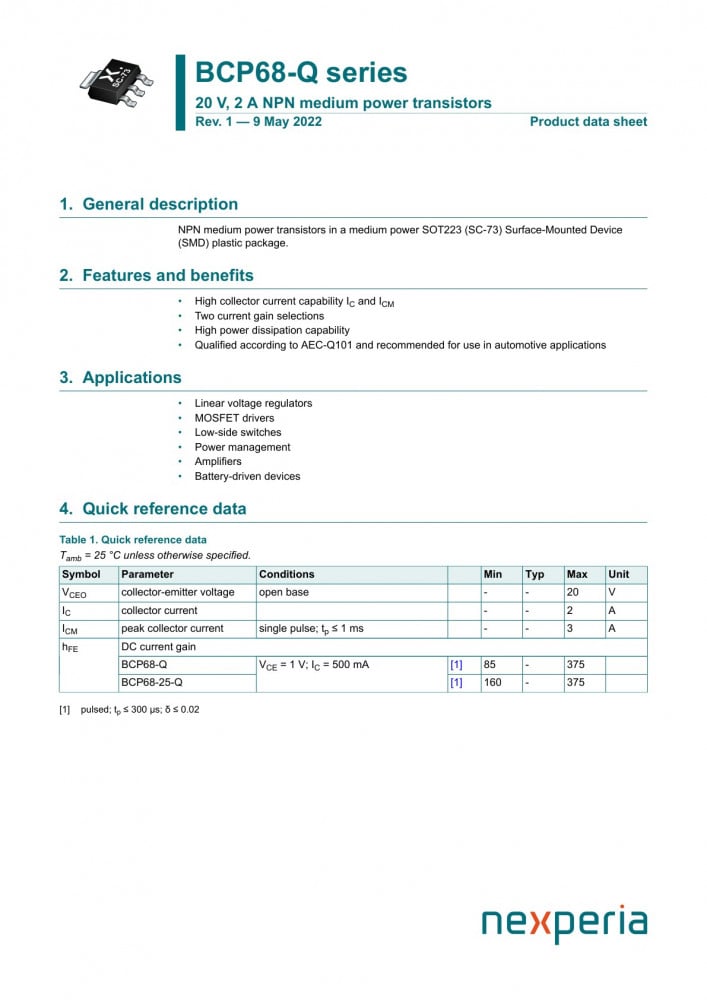 BCP68-QF datasheet page 1