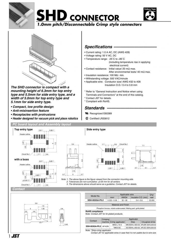 JST SHD connector technical document page 1