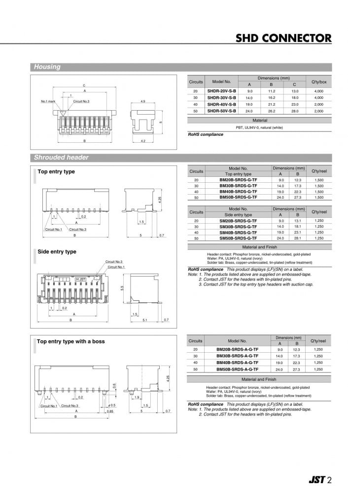 JST SHD connector technical document page 2