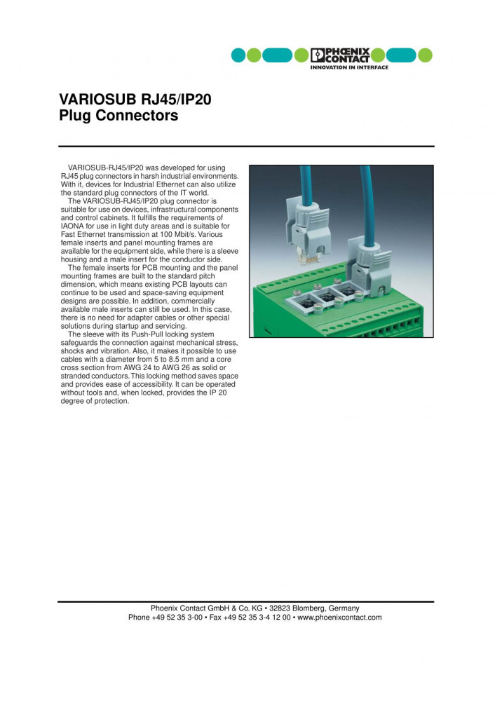 Phoenix Contact VARIOSUB RJ45/IP20 technical document page 1
