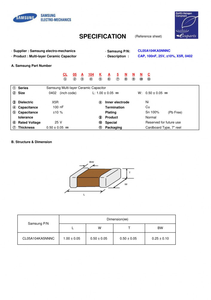 CL05A104KA5NNNC specification document, page 1