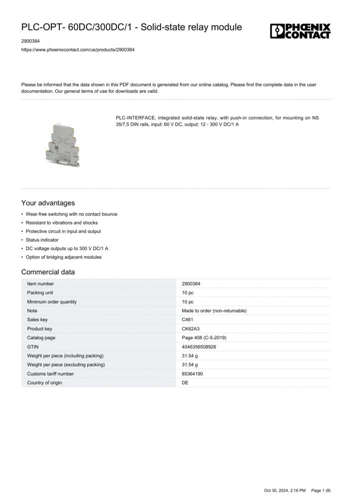 2900384 product documentation page 1