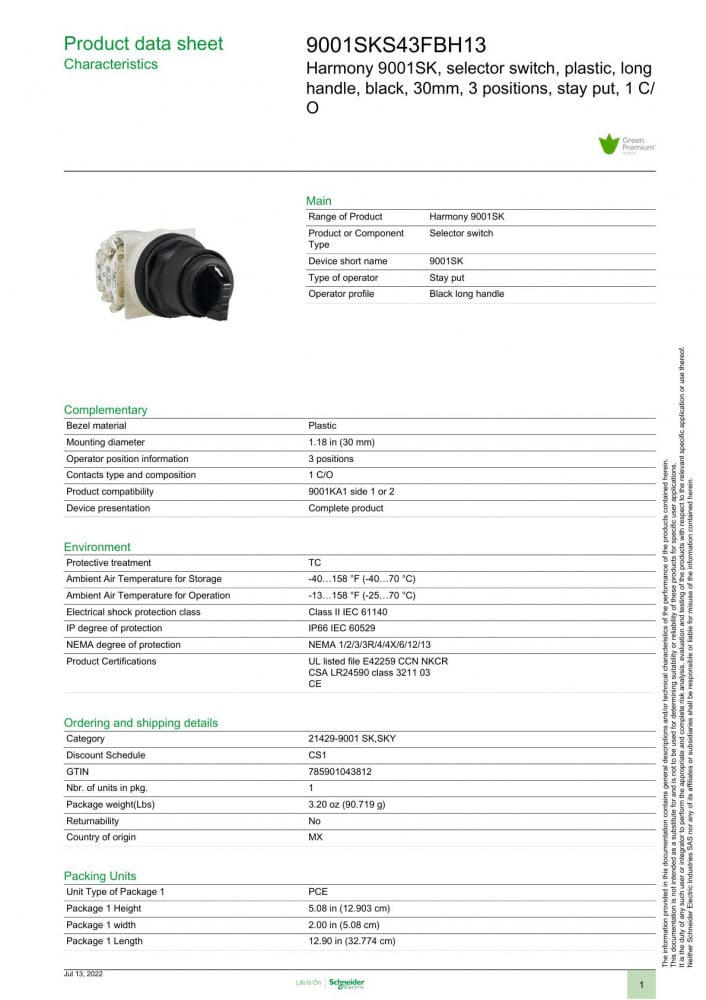 9001SKS43FBH13 technical document page 1