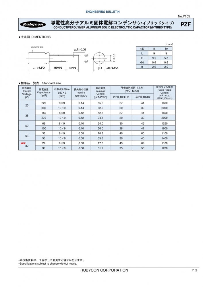 Rubycon PZF hybrid conductive polymer aluminum solid electrolytic capacitor specification page 2