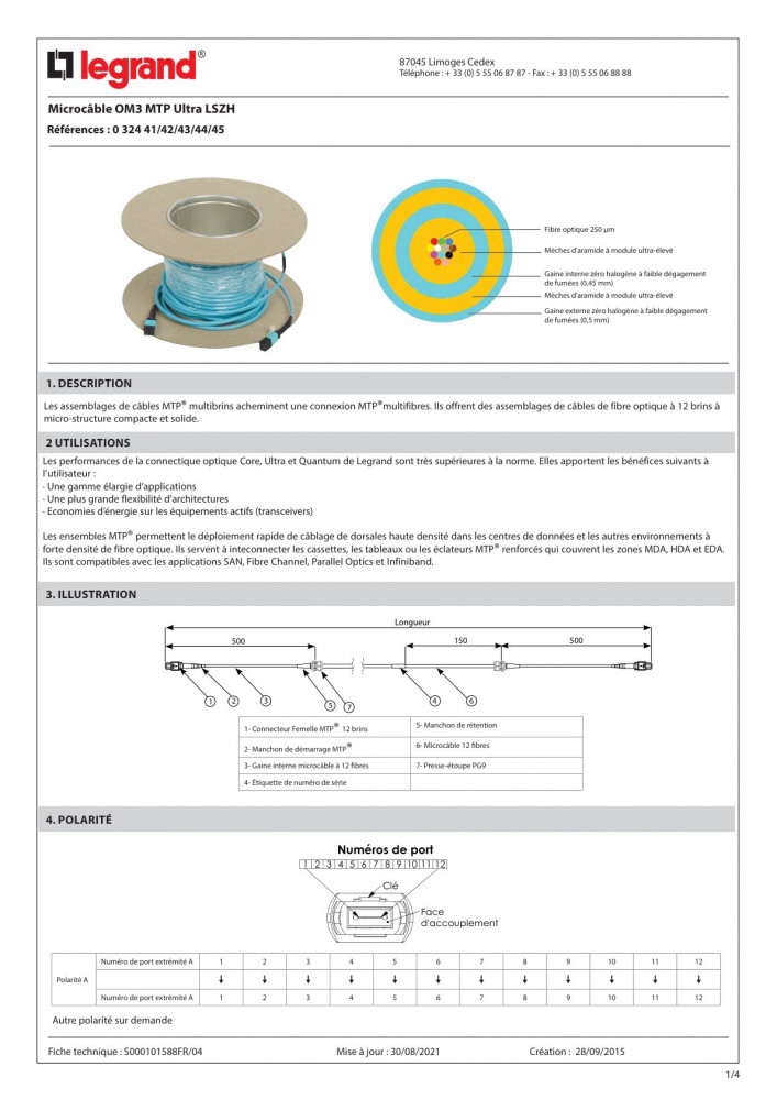 Technical document page 1 for the Legrand OM3 MTP microcable