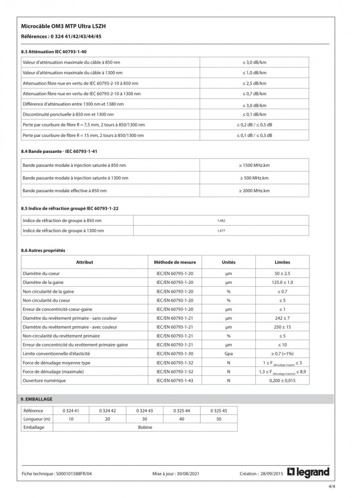 Technical document page 4 for the Legrand OM3 MTP microcable