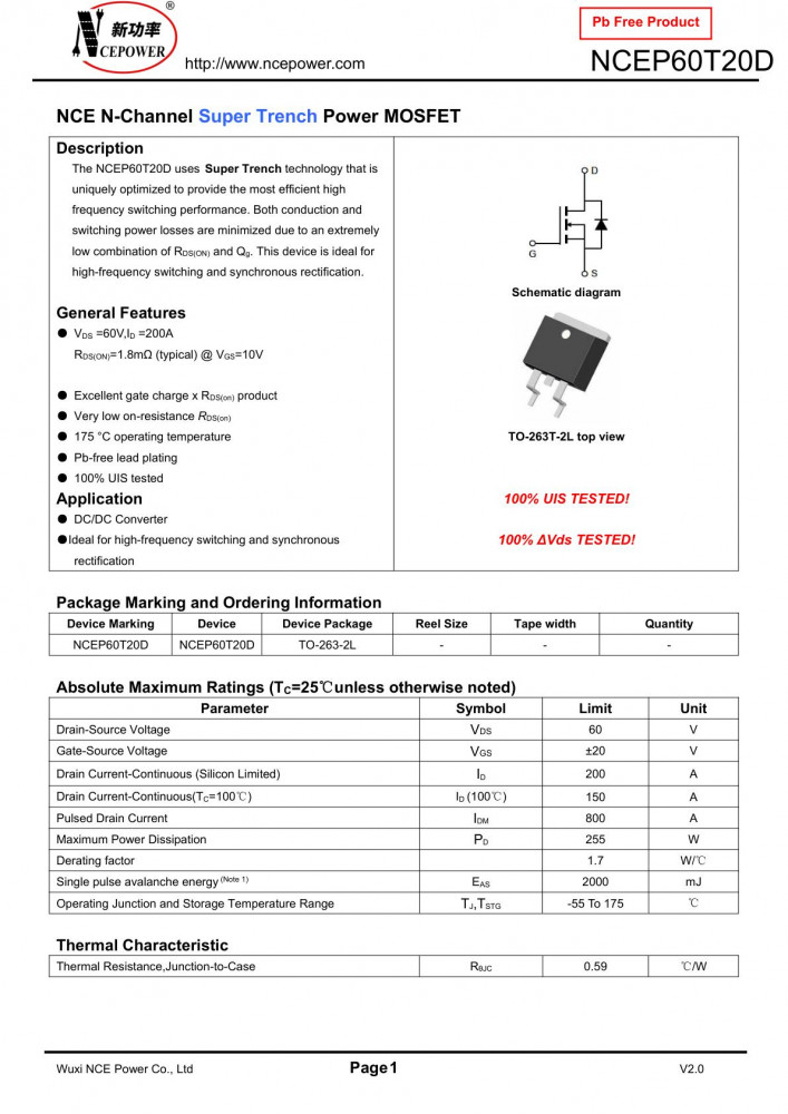 NCEP60T20D datasheet page 1
