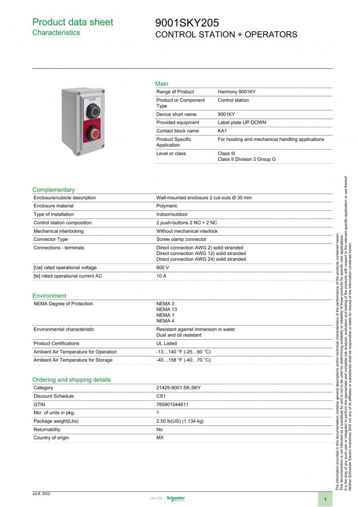 9001SKY205 technical document page 1