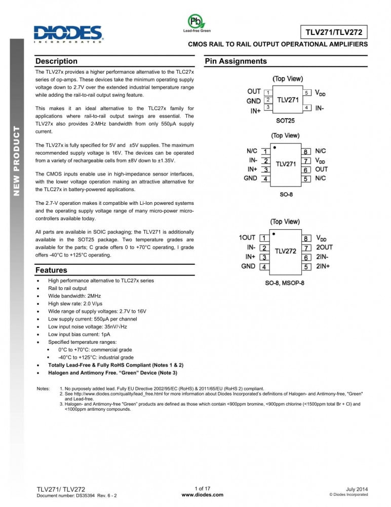 TLV271CW5-7 datasheet page 1