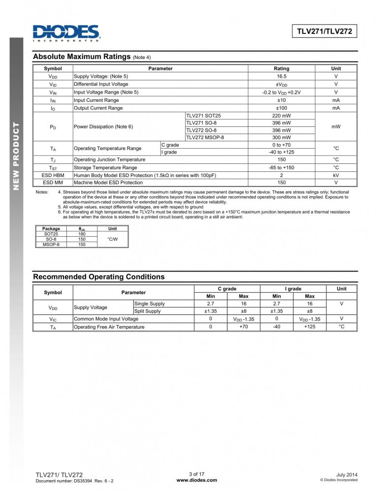 TLV271CW5-7 datasheet page 3