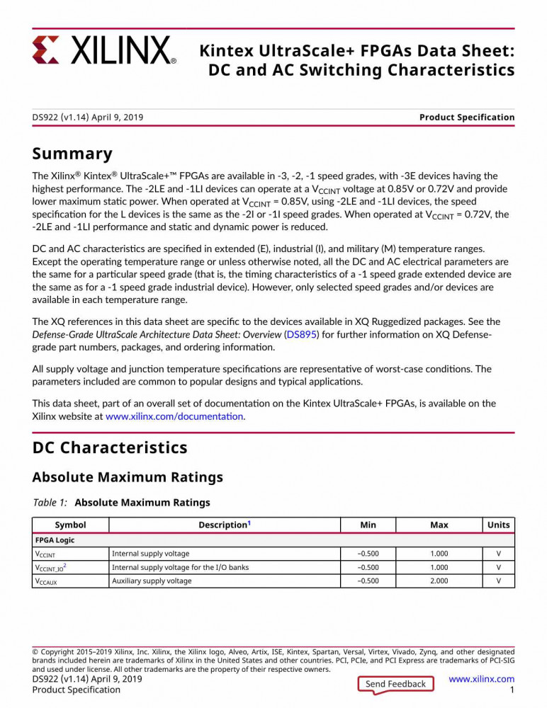 XCKU11P DS922 technical document page 1