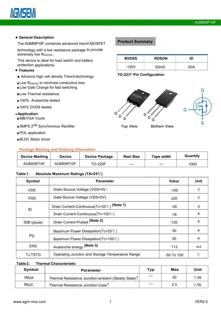 AGM55P10F datasheet page 1