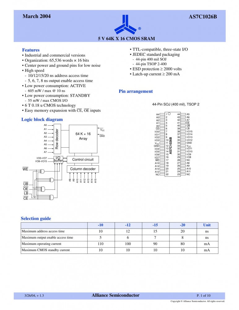 AS7C1026B datasheet page 1