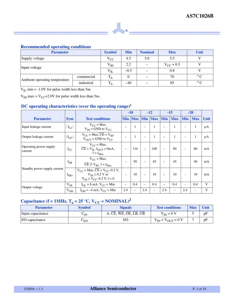 AS7C1026B datasheet page 3