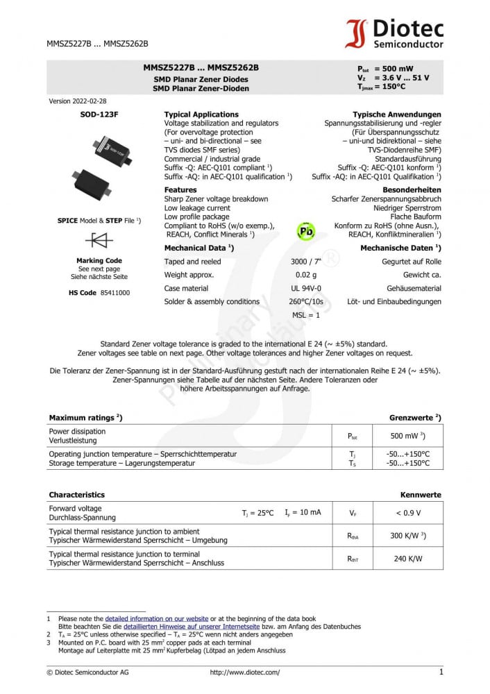 DIOTEC MMSZ5227B to MMSZ5262B datasheet page 1