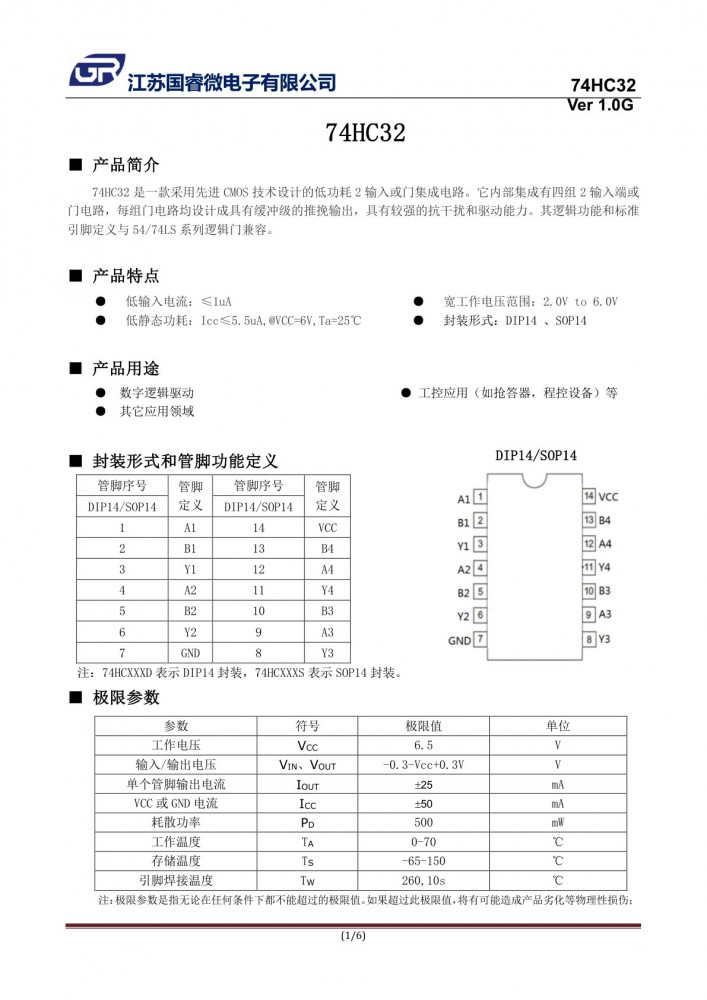 74HC32S technical document page 1
