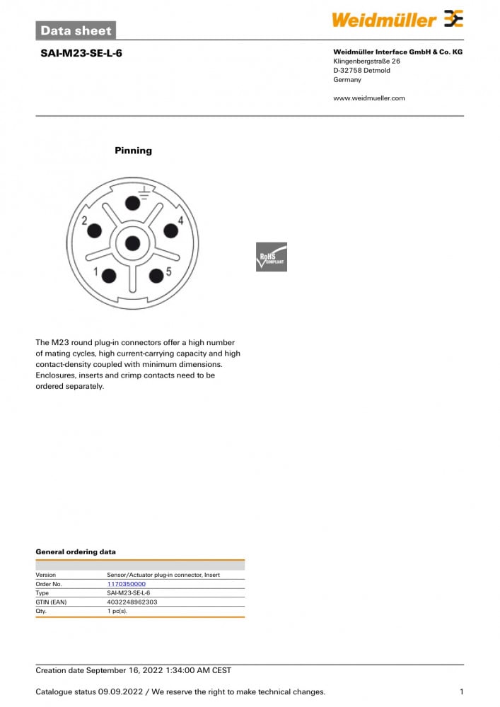 WEIDMULLER 1170350000 technical document page 1