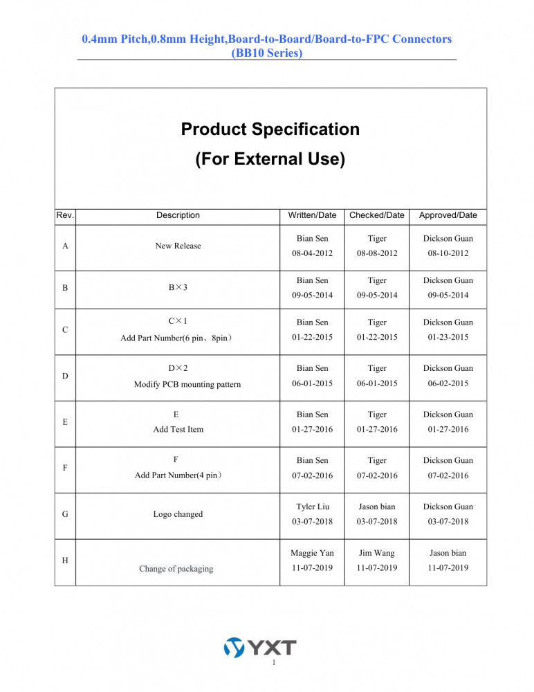 YXT BB10 datasheet page 1