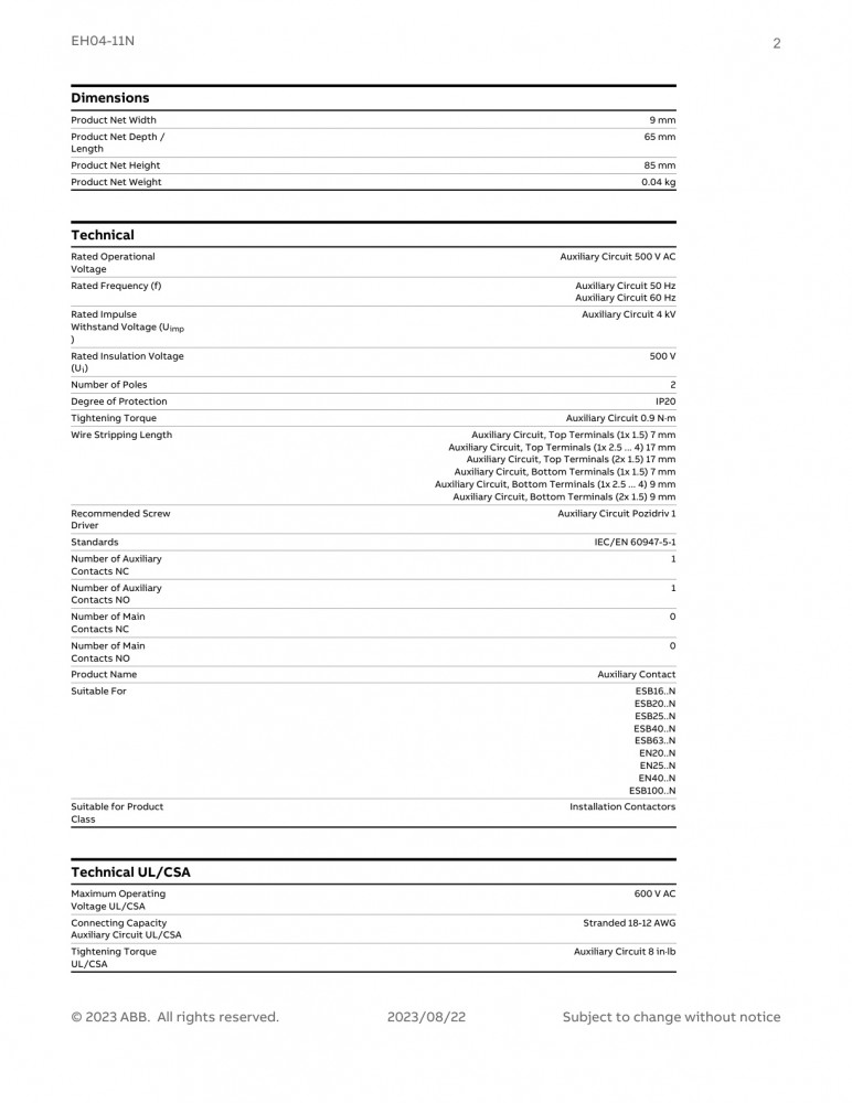 ABB EH04-11N technical document page 2