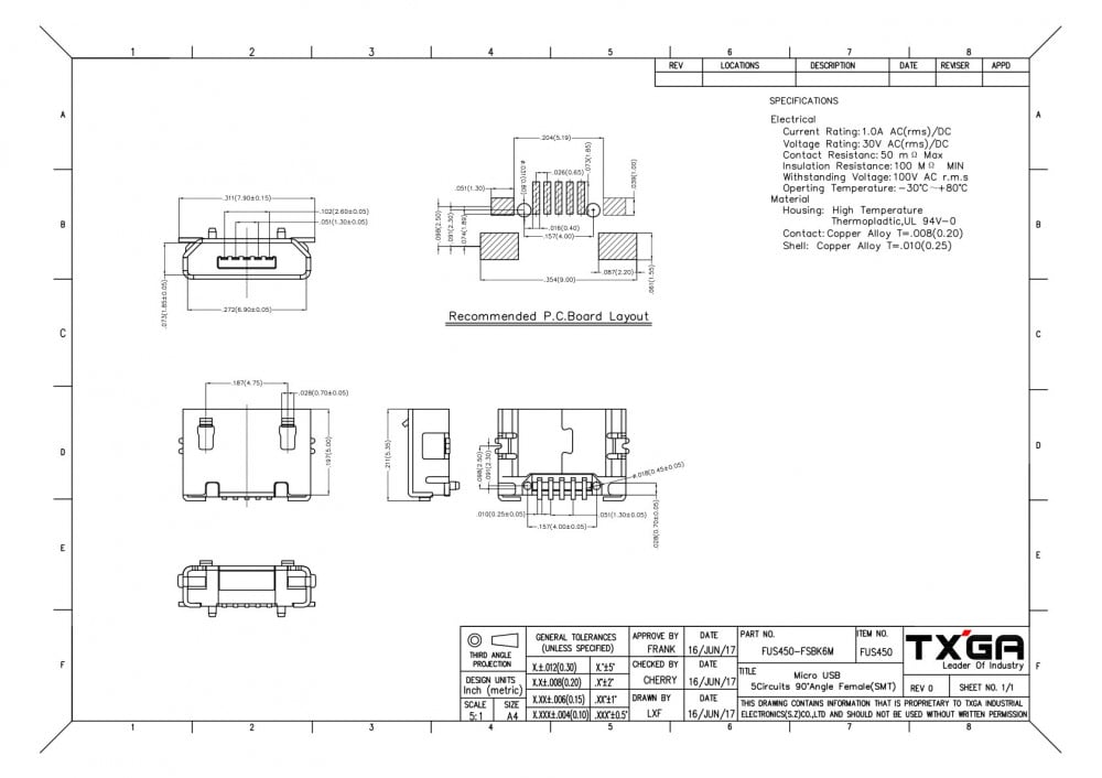 TXGA FUS450-FSBK6M technical drawing