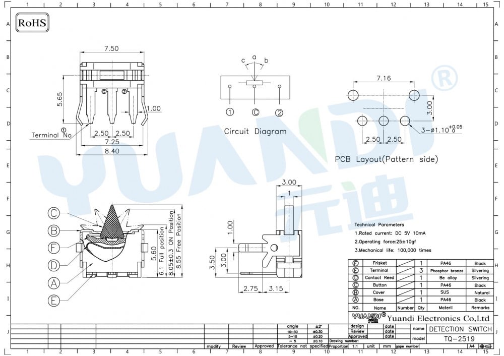 Yuandi TQ-2519 detection switch drawing