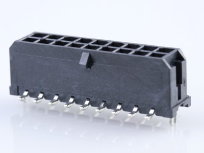 Micro-Fit 3.0 Vertical Header, 3.00mm Pitch, Dual Row, 18 Circuits, with  PCB Press-fit Metal Retention Clip, 1.52µm Matte Tin Plating, Glow-Wire Capable, Black, Tape  and Reel for sale