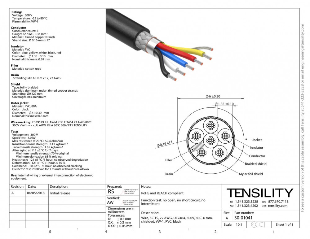 Tensility International 30-01041 cable product drawing