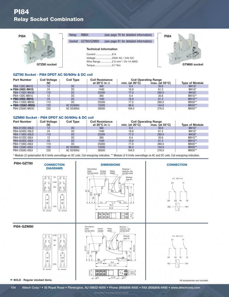 Altech PI85 relay socket combination documentation page