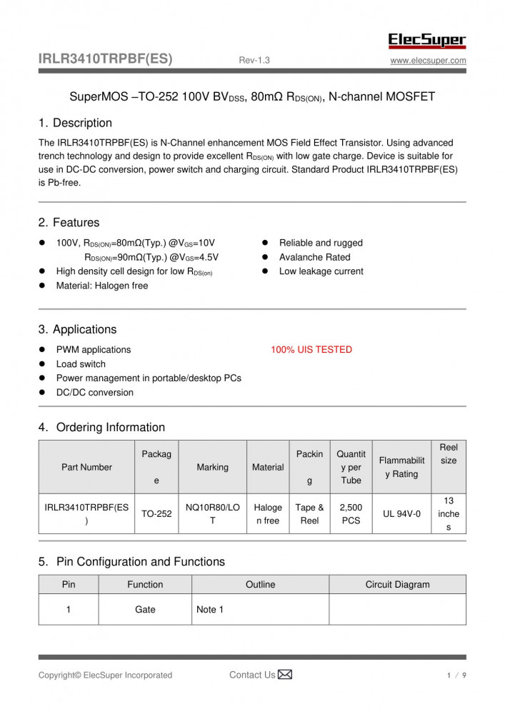 IRLR3410TRPBF(ES) datasheet page 1