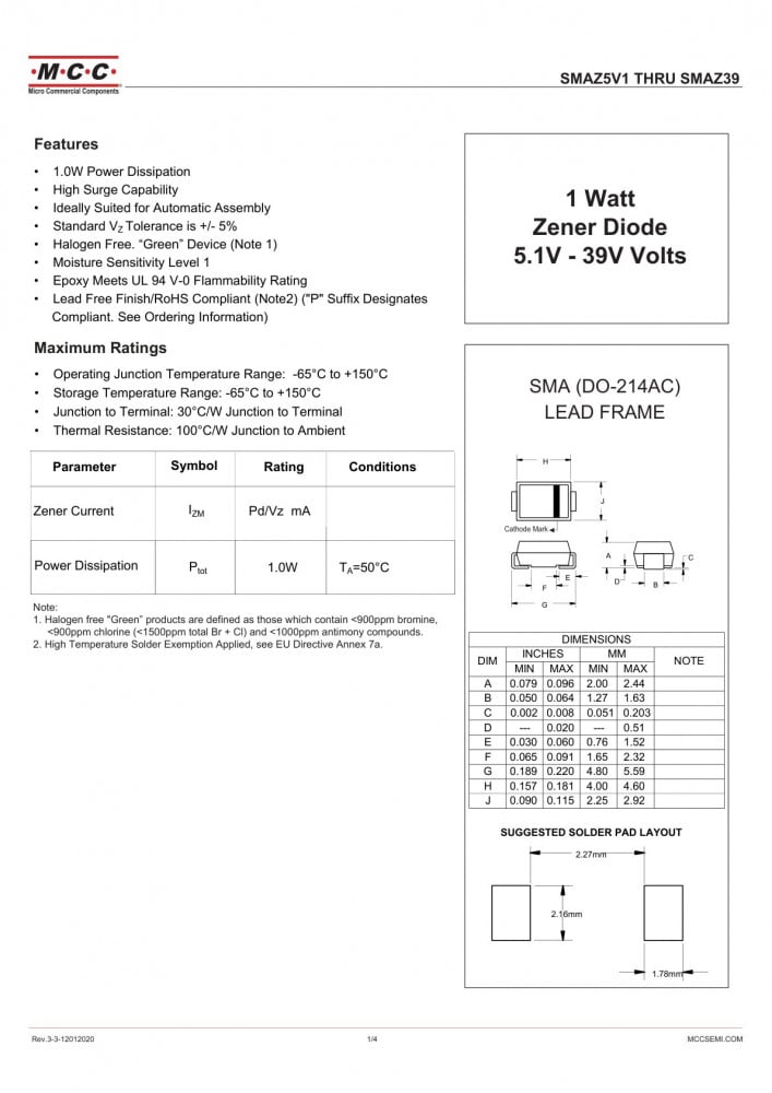 MCC SMAZ6V2-TP datasheet page 1