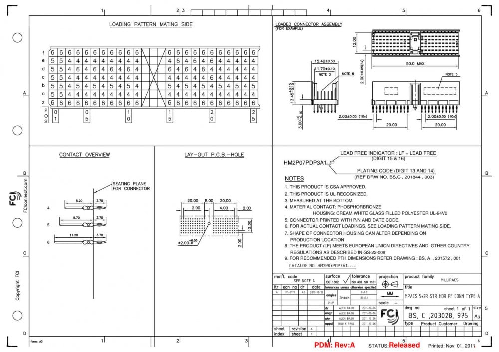 Amphenol MILLIPACS customer drawing preview for MPACS 5+2R straight header Type A