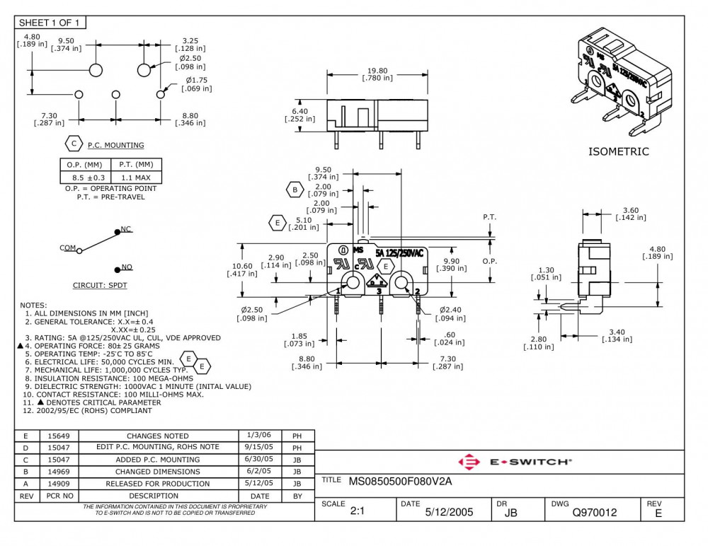 E-Switch MS0850500F080V2A technical drawing