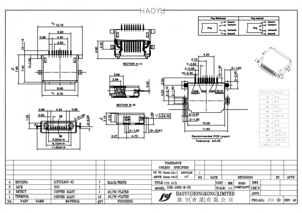 HOOYA USB-1003-B-SU technical drawing