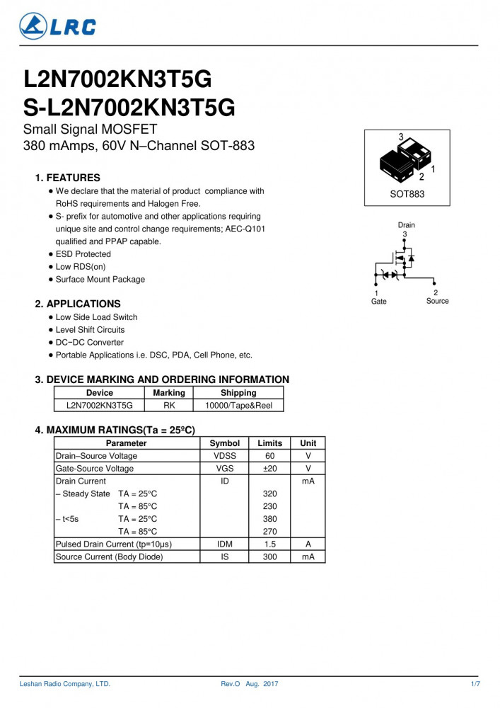 LRC L2N7002KN3T5G datasheet page 1