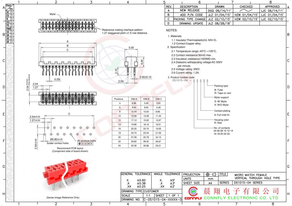 CONNFLY Elec DS1015-04-04R6XB technical document preview