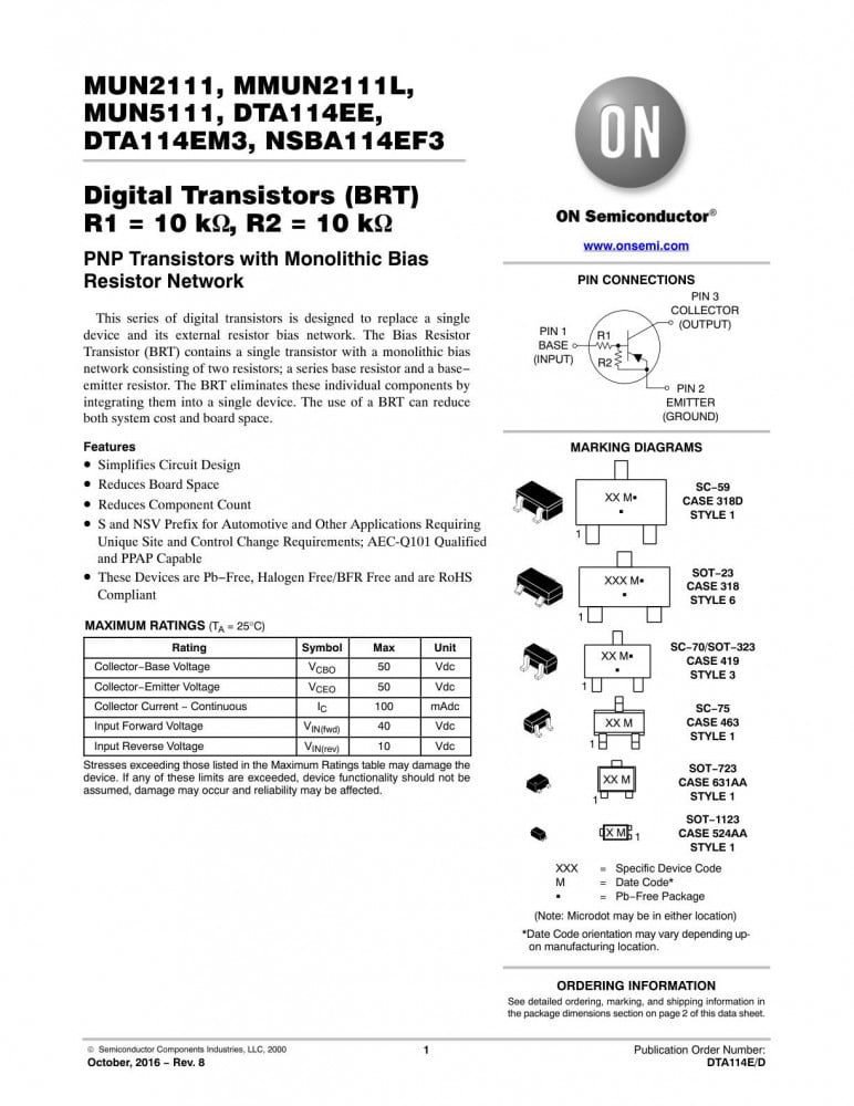 MUN5111T1G datasheet page 1