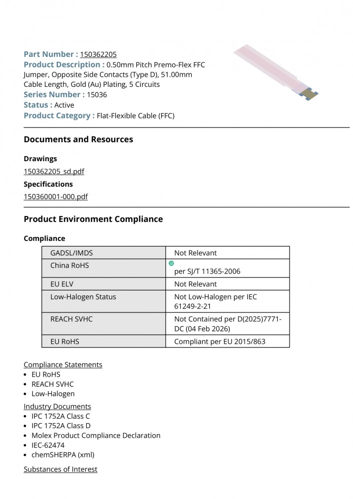 Molex FFC family specification, page 1