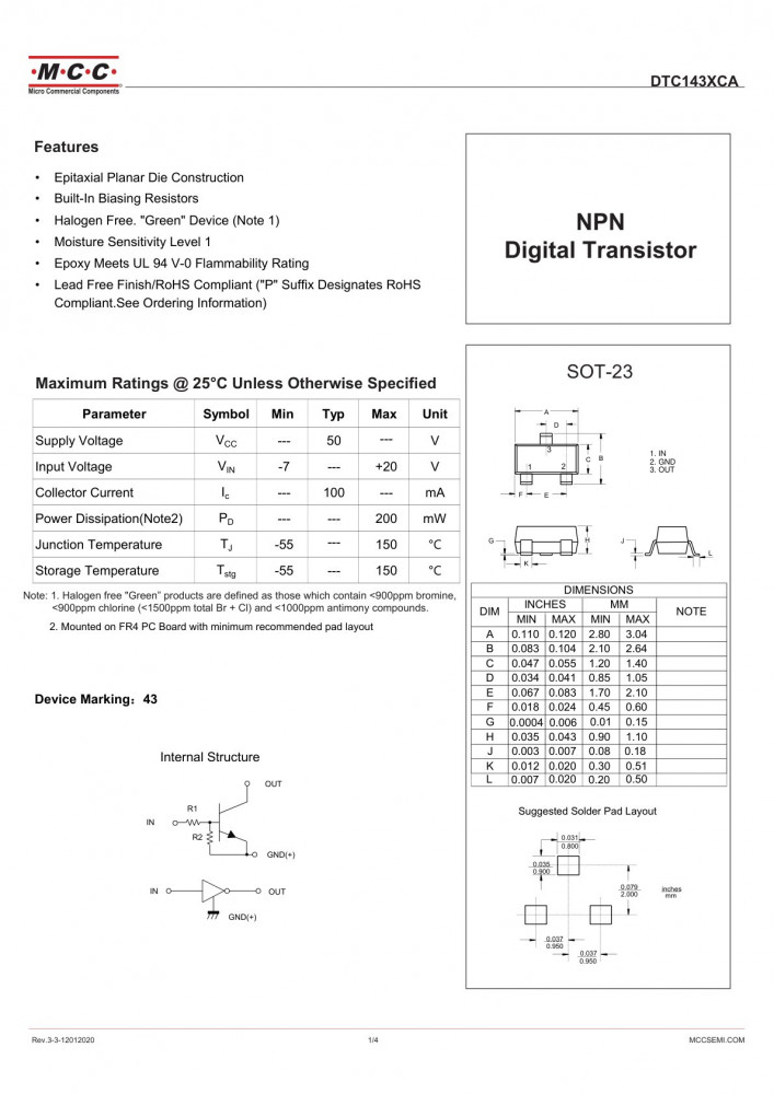 DTC143XCA-TP datasheet page 1