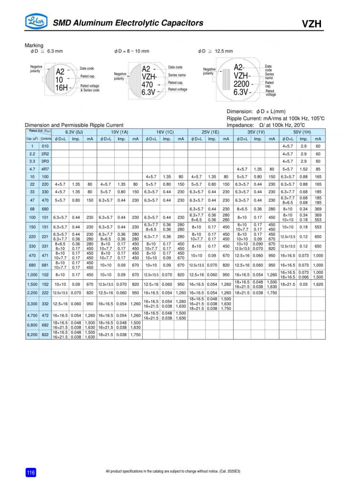 Lelon VZH series datasheet page 2