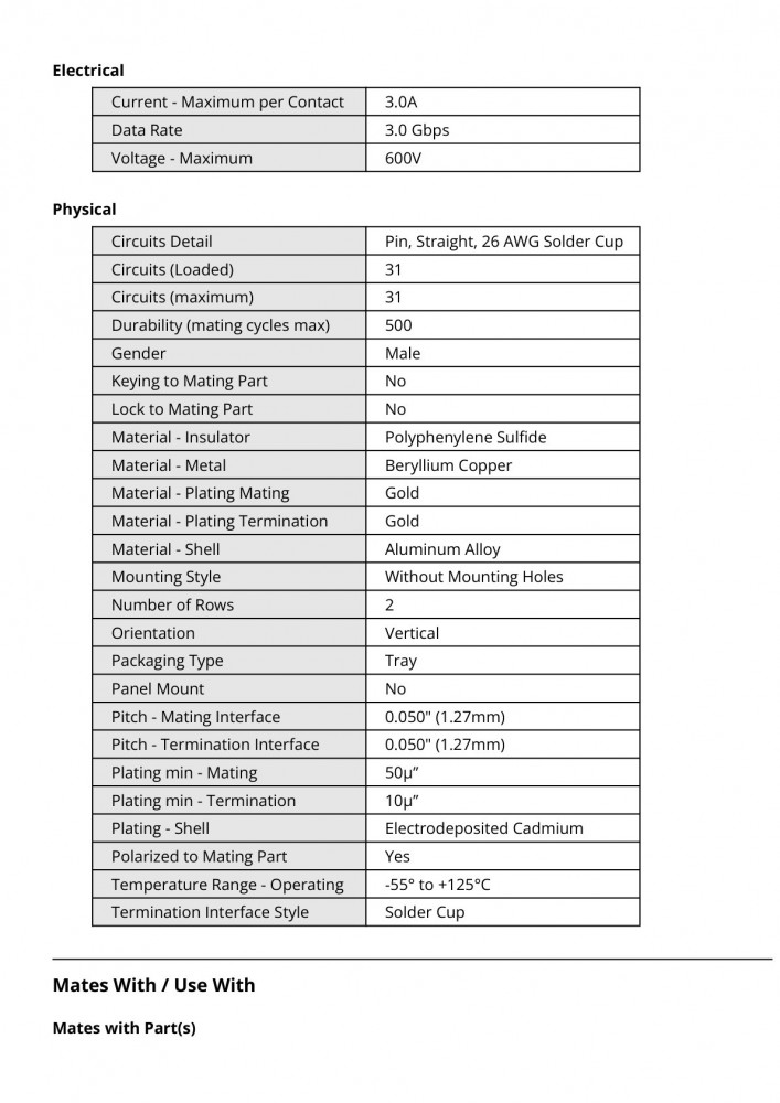 Technical document page 2 for the AirBorn M Series Micro-D connector