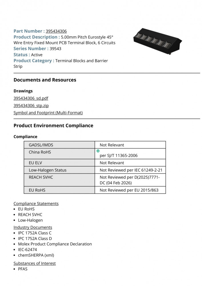 Document page 1 for MOLEX 395434306