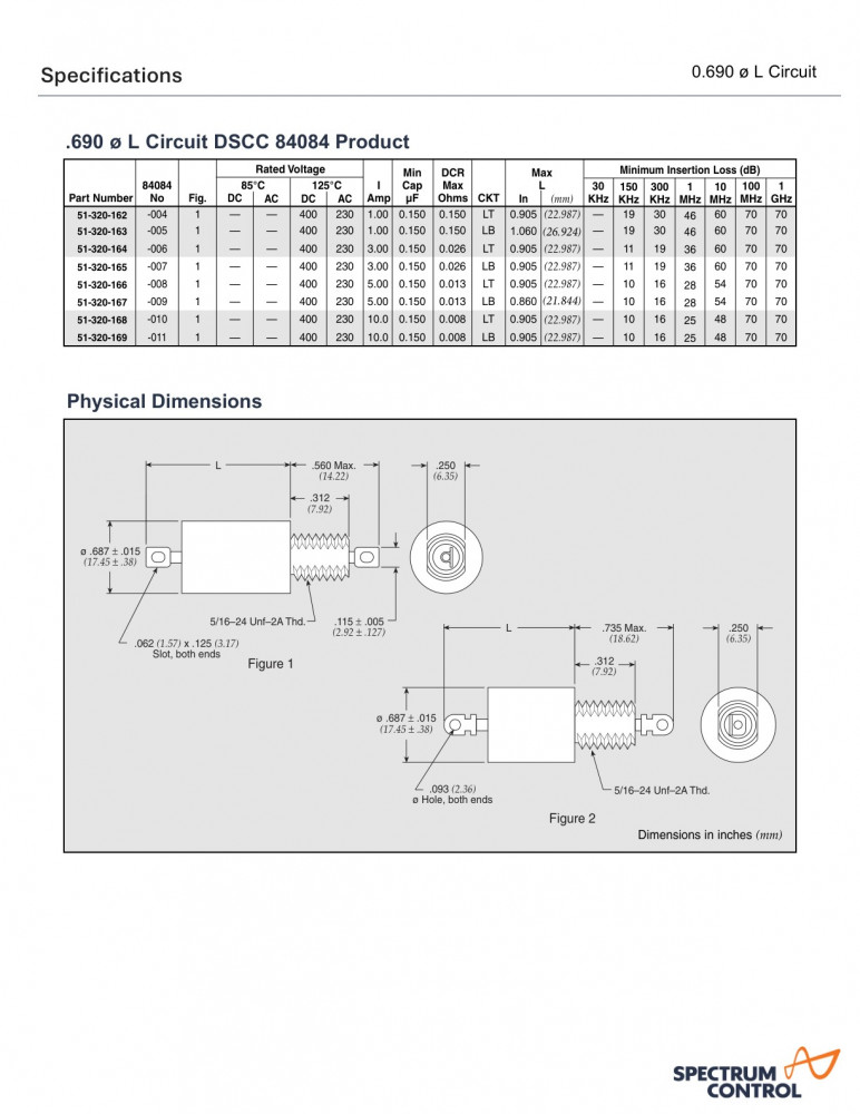 Spectrum Control EMI filter datasheet page 2 with physical dimensions