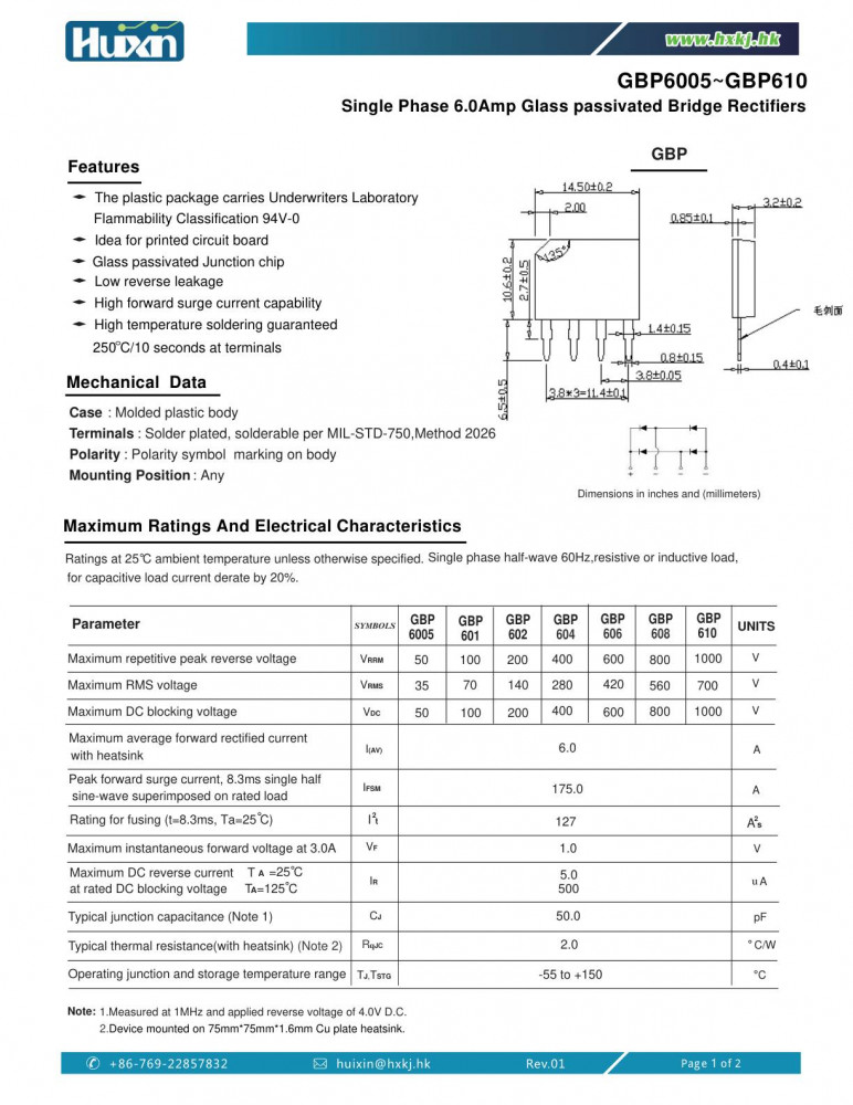 Huixin GBP610 bridge rectifier datasheet page 1