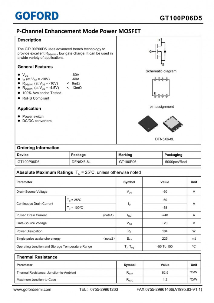 GT100P06D5 datasheet page 1
