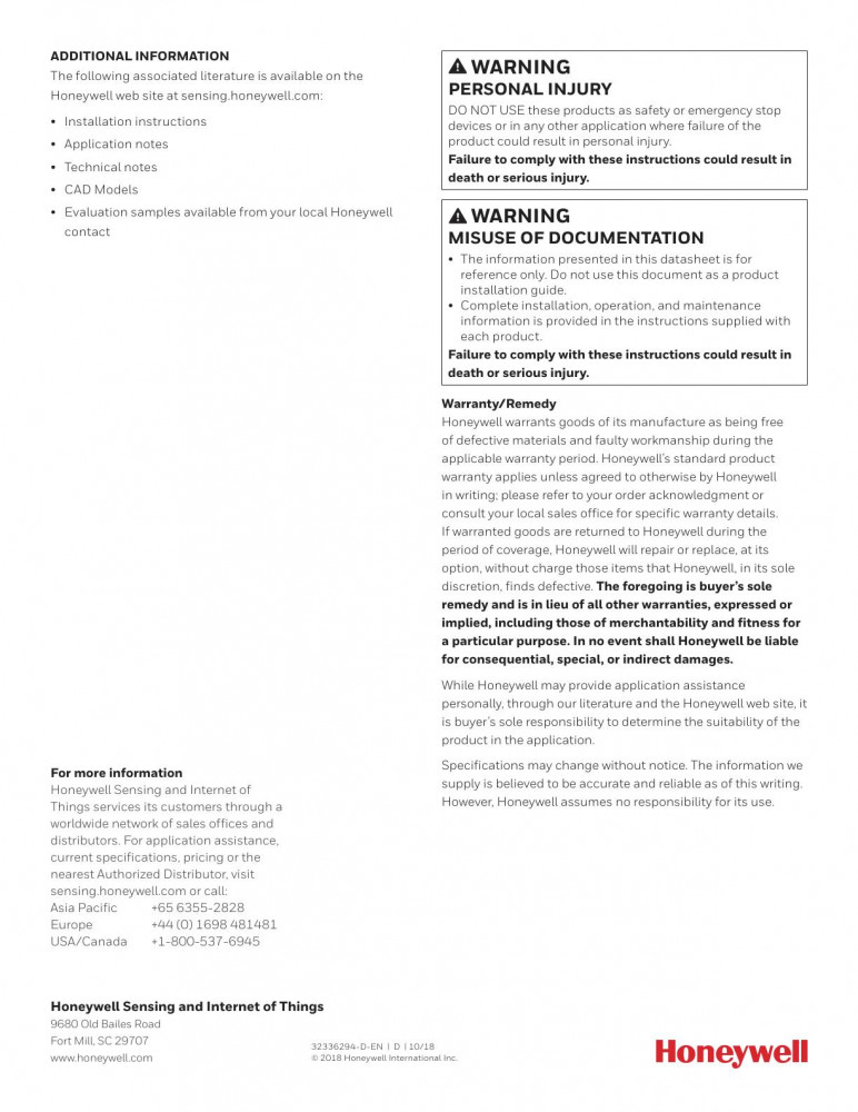 Honeywell sensor IC document page 5