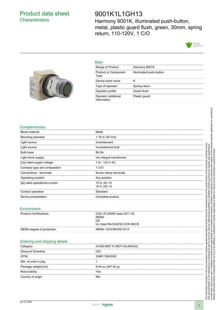 9001K1L1GH13 technical document page 1