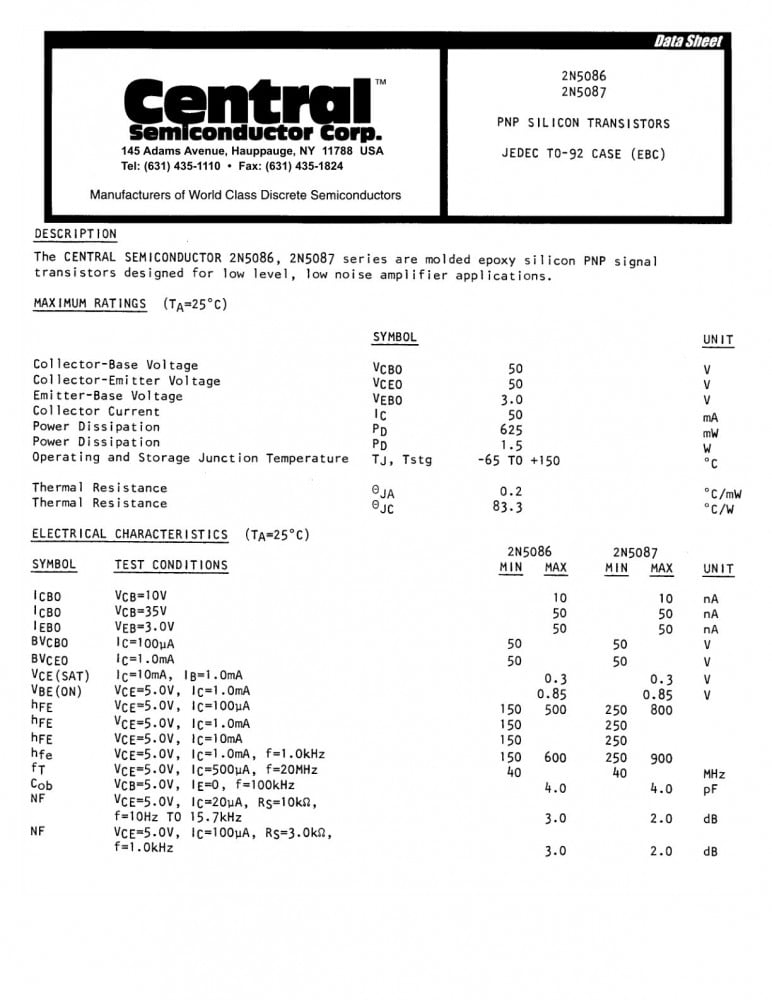 Central 2N5087 datasheet page 1