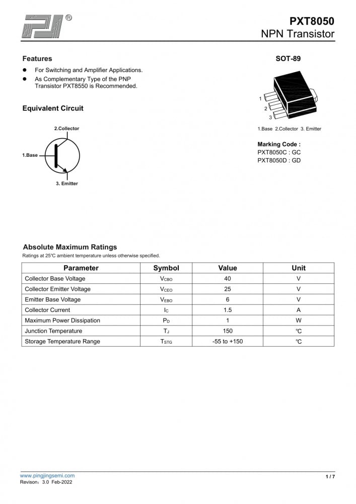 PXT8050D datasheet page 1