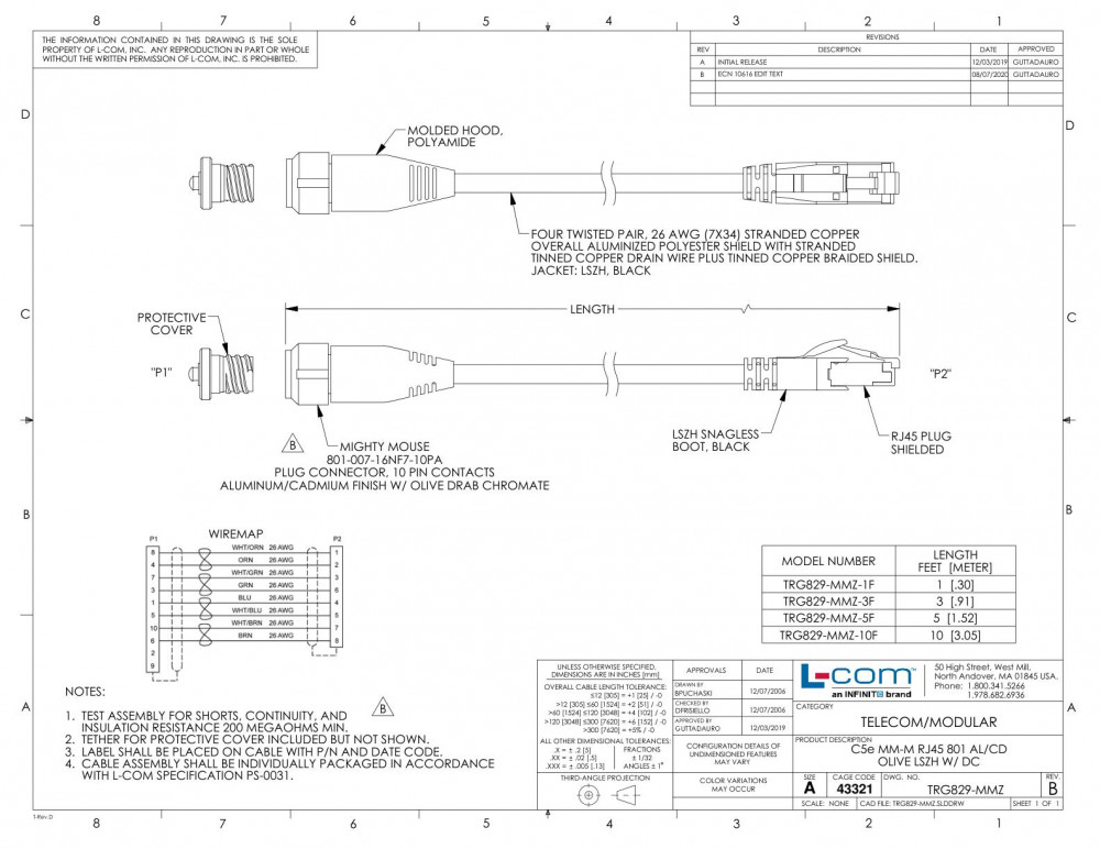 L-com TRG829-MMZ cable assembly drawing