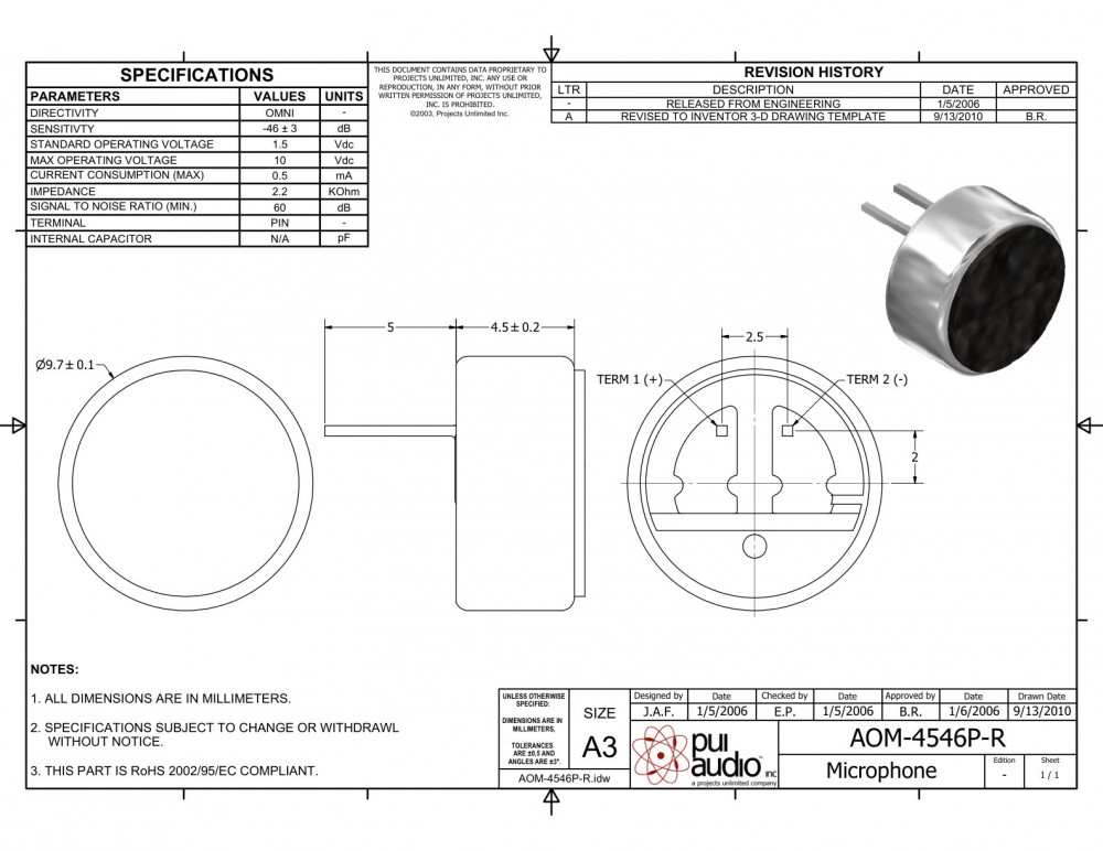 AOM-4546P-R microphone specification and drawing page